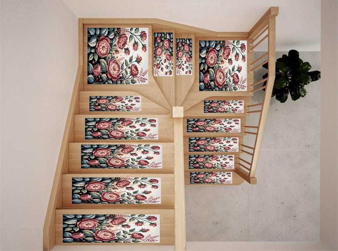 Flower Motif Rug, Baroque Stair Mat, Washable Runner, Eclectic Step Rug ...