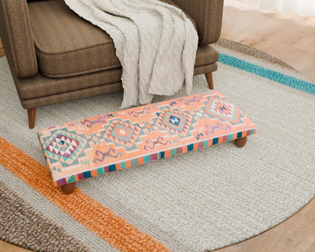 Stylish Step Stool, Orange Small Seat, Kilim Pattern Bench, Handmade ...