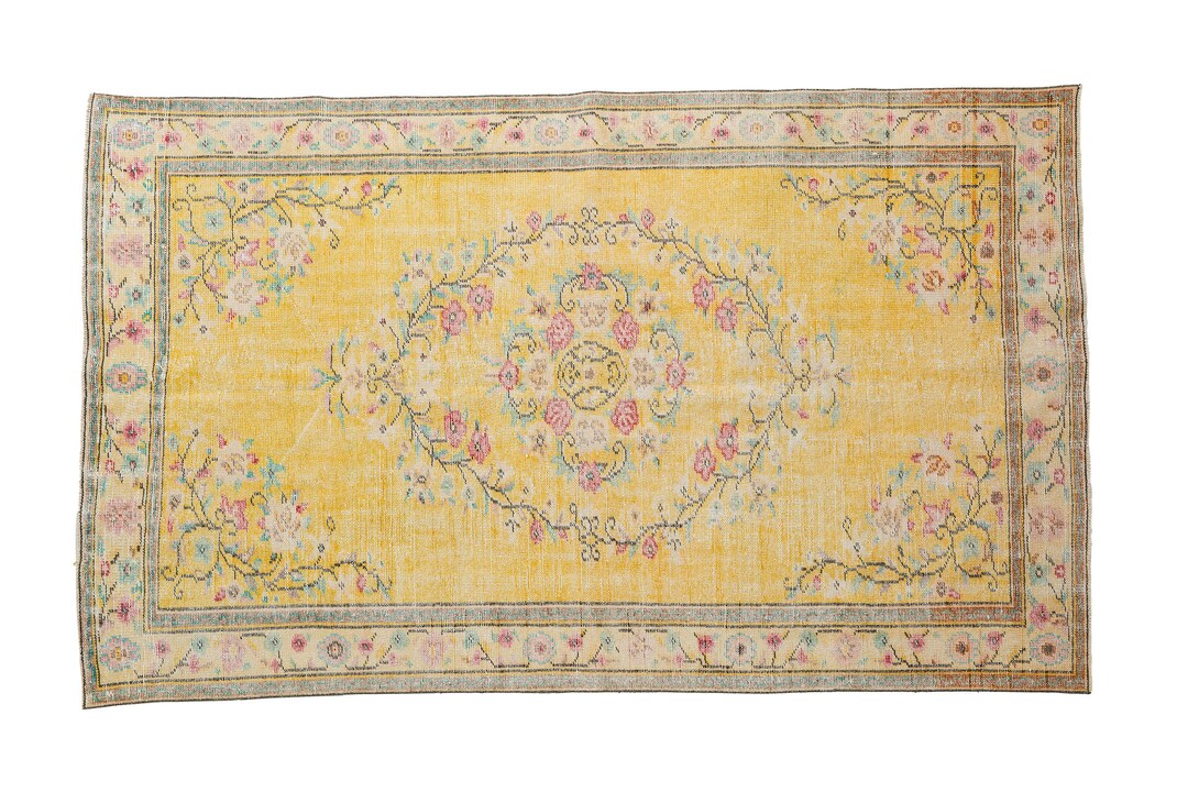 Yellow Floral Rug, Vintage Wool Rug, Handmade Oushak Rug, Dining Room ...