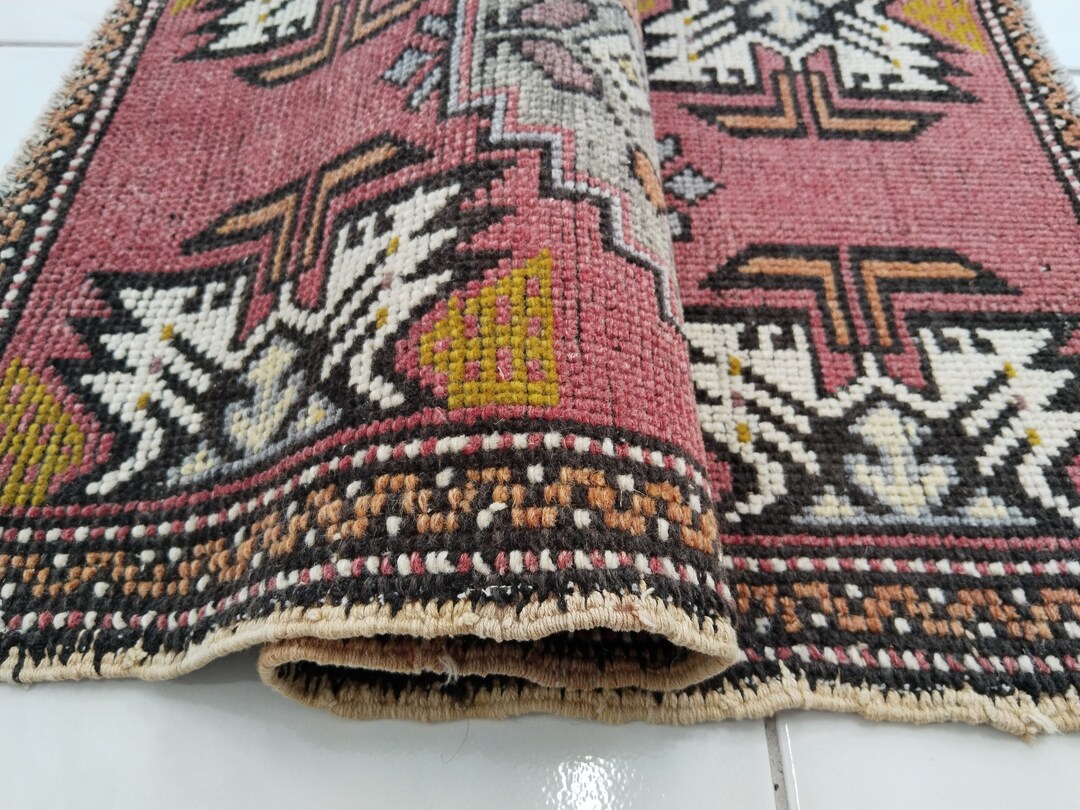Pink Vintage Rug, Nomadic Rug, Small Handmade Rug, Handwoven Wool Rug ...