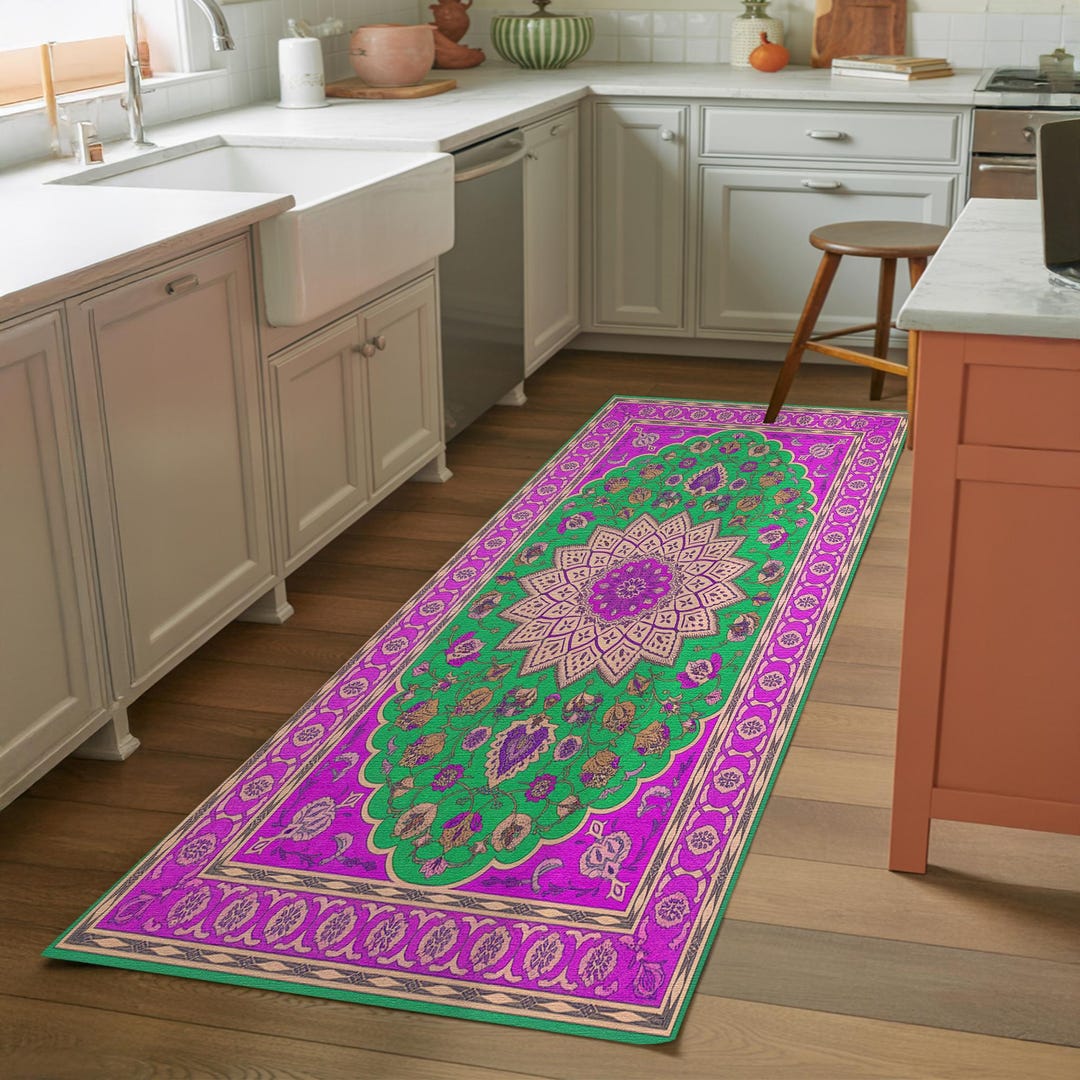 Emerald Green Rug, Magenta Medallion Pattern, Turkish Traditional ...