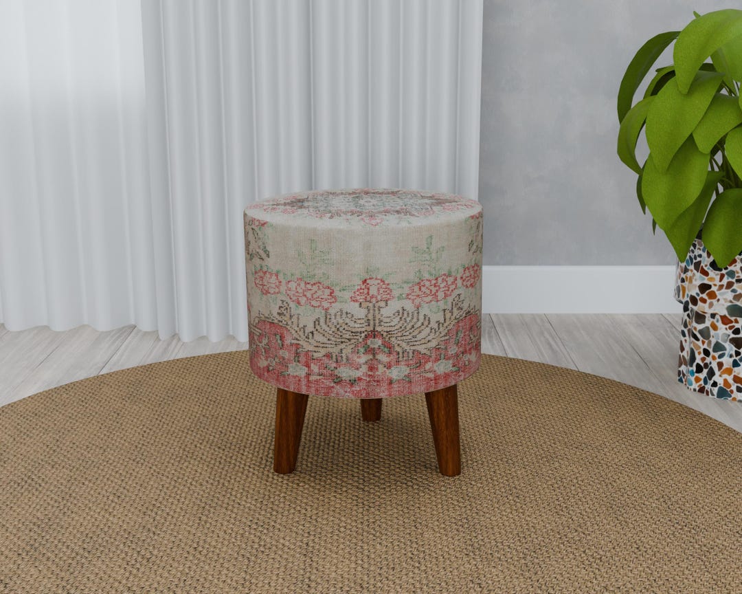 Bench With Flower, Premium Stool, Boho Round Pouf, Primitive Footstool ...