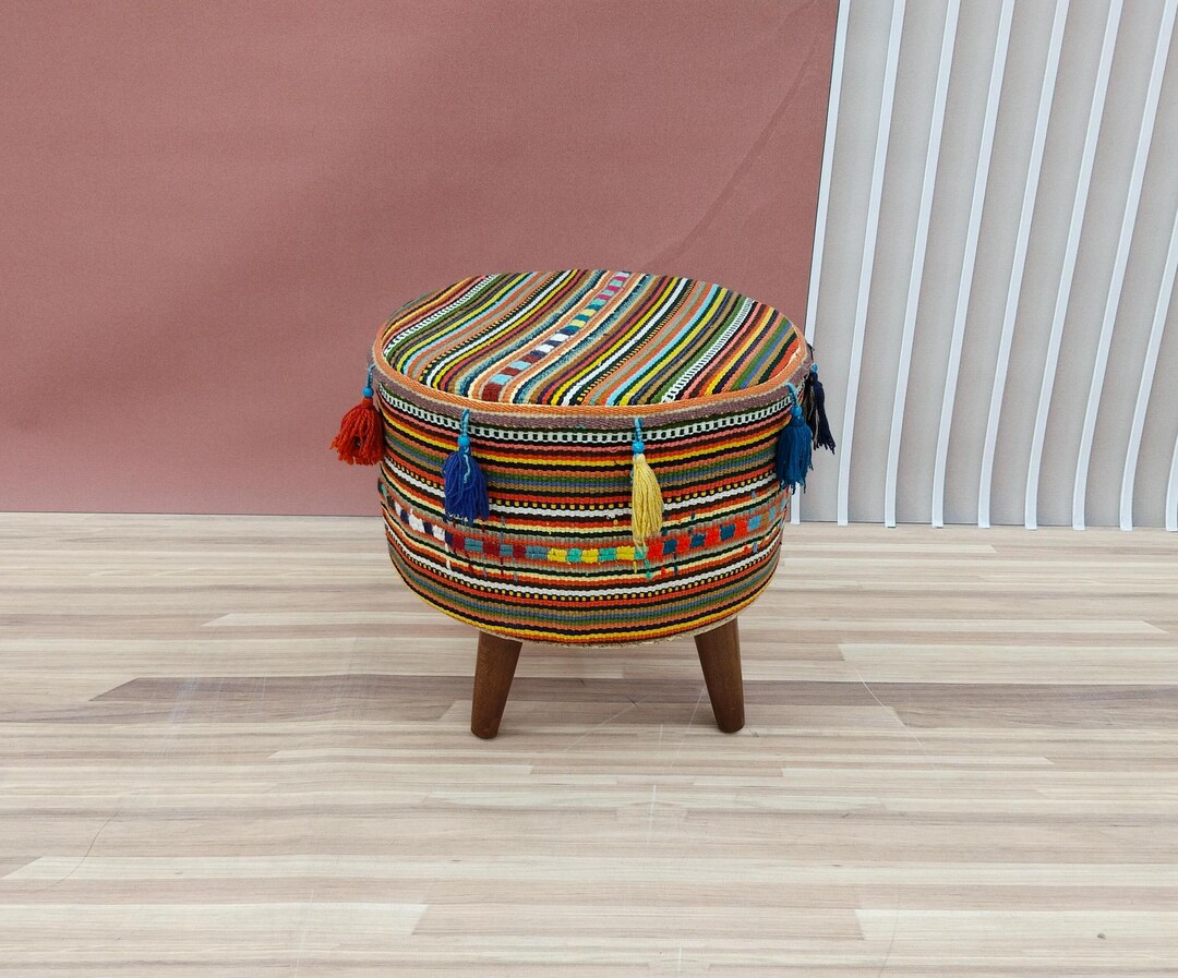 Colorful Footstool, Tasseled Pouf Stool, Oushak Rug Pouf, Ottoman Piano ...