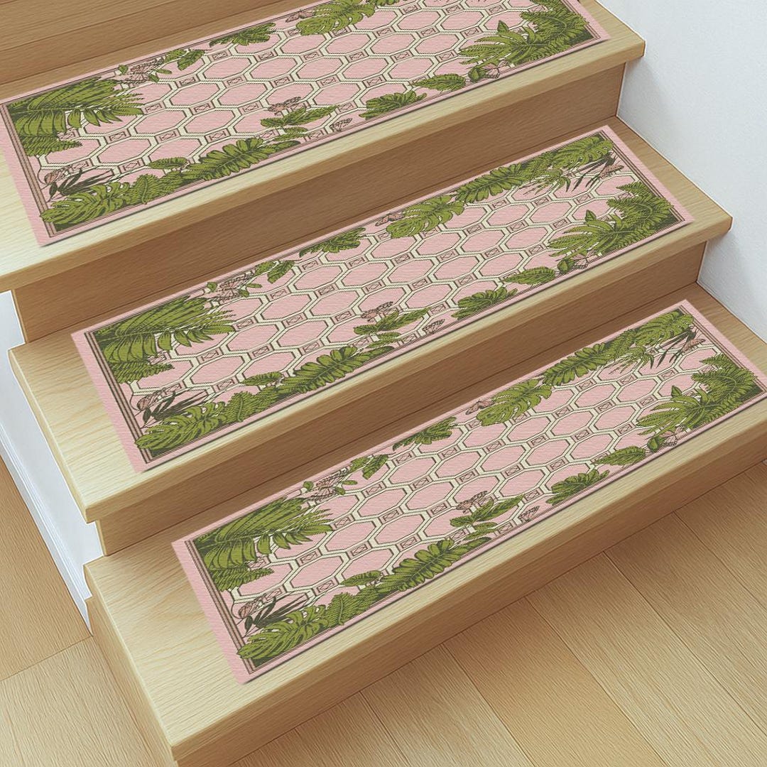 Sage Green Botanical Stair Treads, Leaf Pattern Non-slip Rug, Mats RS ...