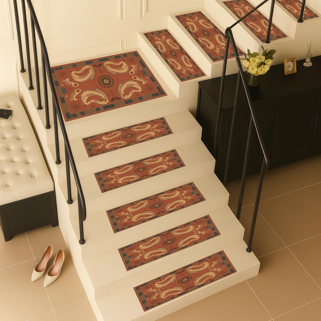 Terracotta Paisley Stair Mat, Tribal Ethnic Step Pad, Earthy Home ...