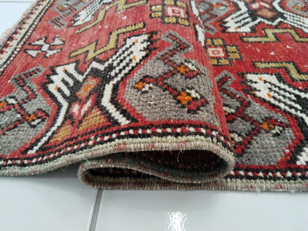 Red Mustard Rug, Small Vintage Rug, Authentic Door Mat, Handmade Wool ...