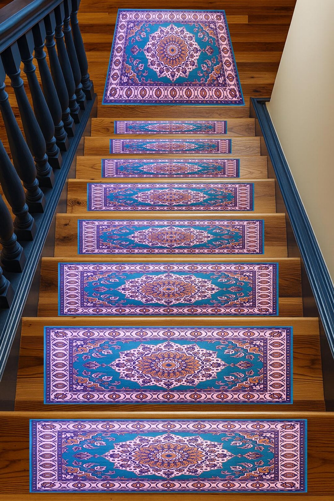 Indigo Medallion Stair Mat, Pink Ethnic Step Pad, Bold Safety Decor, RS ...