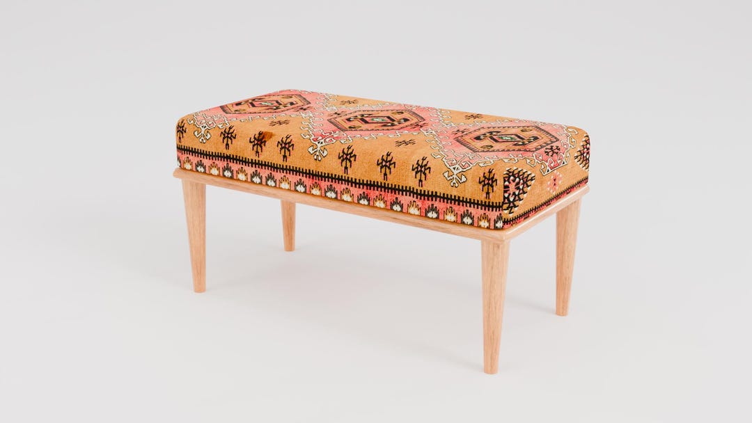 Oriental Rug Bench, Print Cushioned Bench, Dining Room Bench, Oushak ...