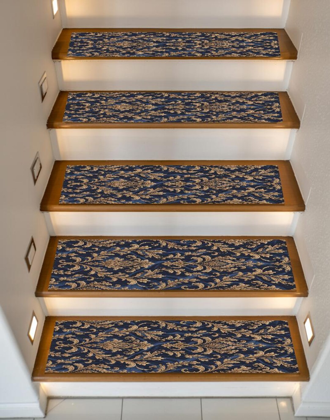 Baroque Stair Tread, Artistic Step Rug, Navy Kitchen Mat, Elegant Stair ...