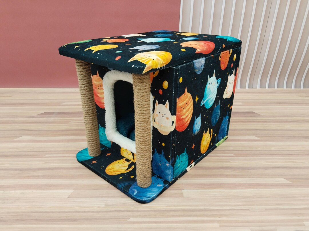 Cat Print Cat House, Space Theme Pet House, Cute Cat House, Boho Cat ...