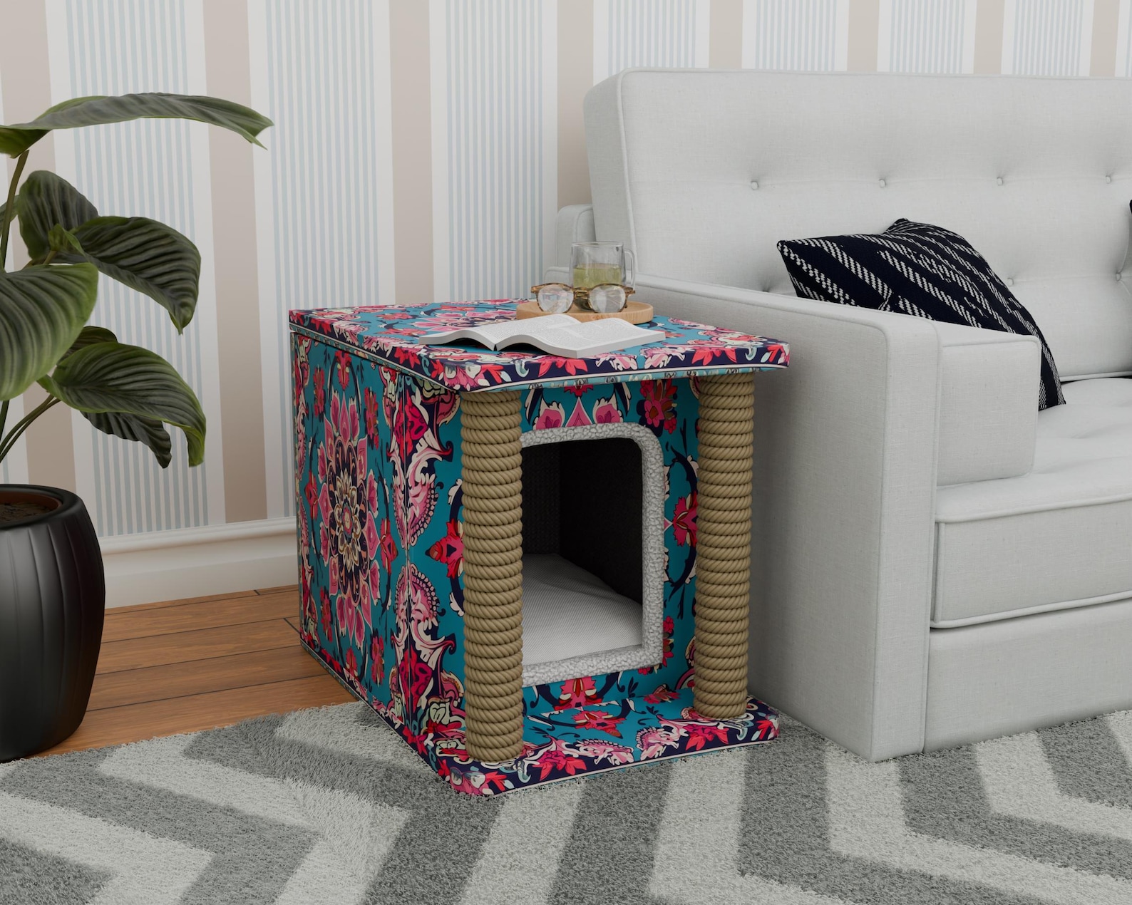 Floral Pet House, Heated Pet Bed, Soft Cat Bed, Cozy Cat Cave, Cat ...