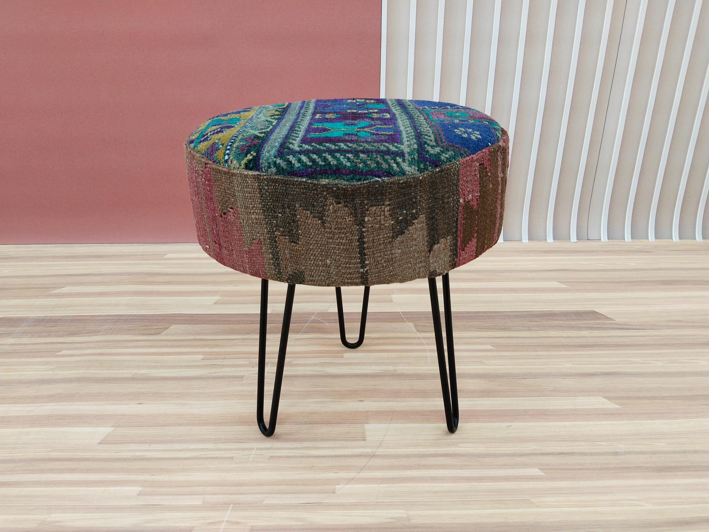 Ottoman Stool, Vintage Rug Pouf, Gothic Footstool, Small Round Stool ...