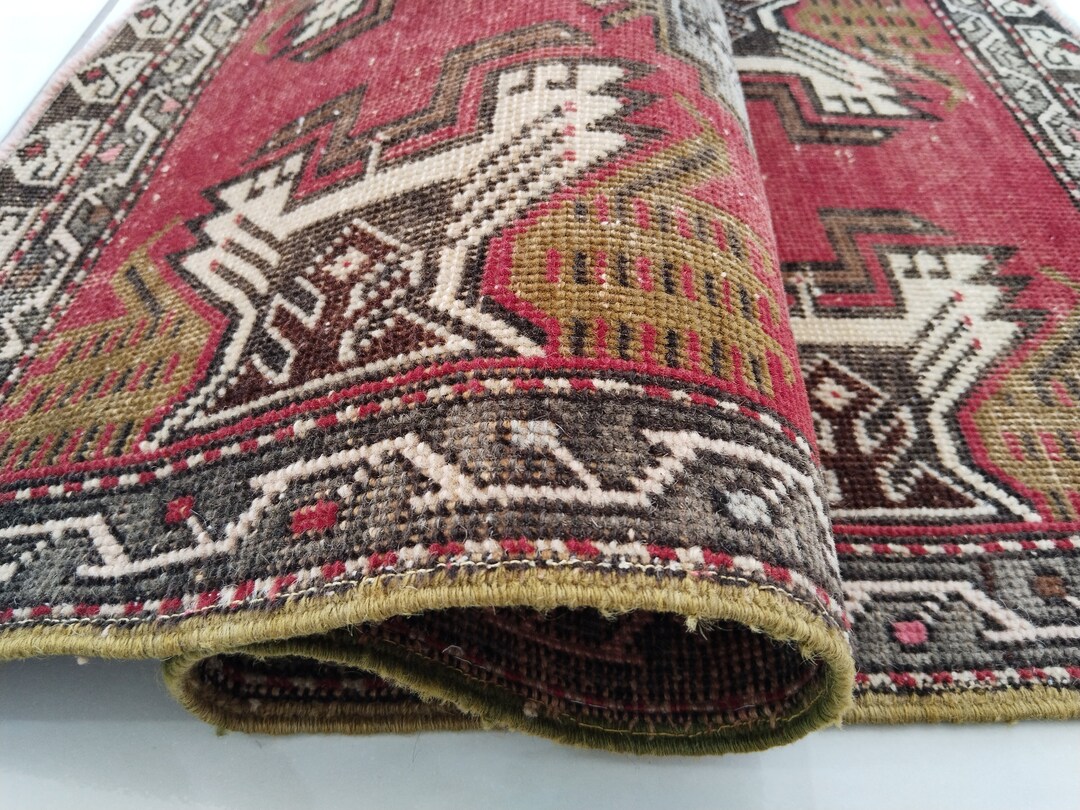 Red Tiny Vintage Rug, Boho Rug, Kitchen Mat, Handmade Wool Rug, Pet ...