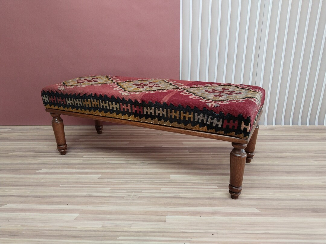 Vintage Kilim Bench, Turkish Rug Bench, Sitting Bench, Wood Work Bench ...