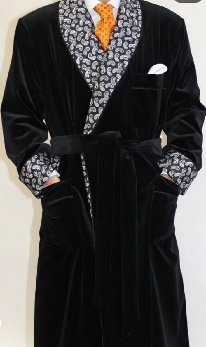 Men Long Black Smoking Jacket Men Smoking Jacket Velvet Print Lapel ...