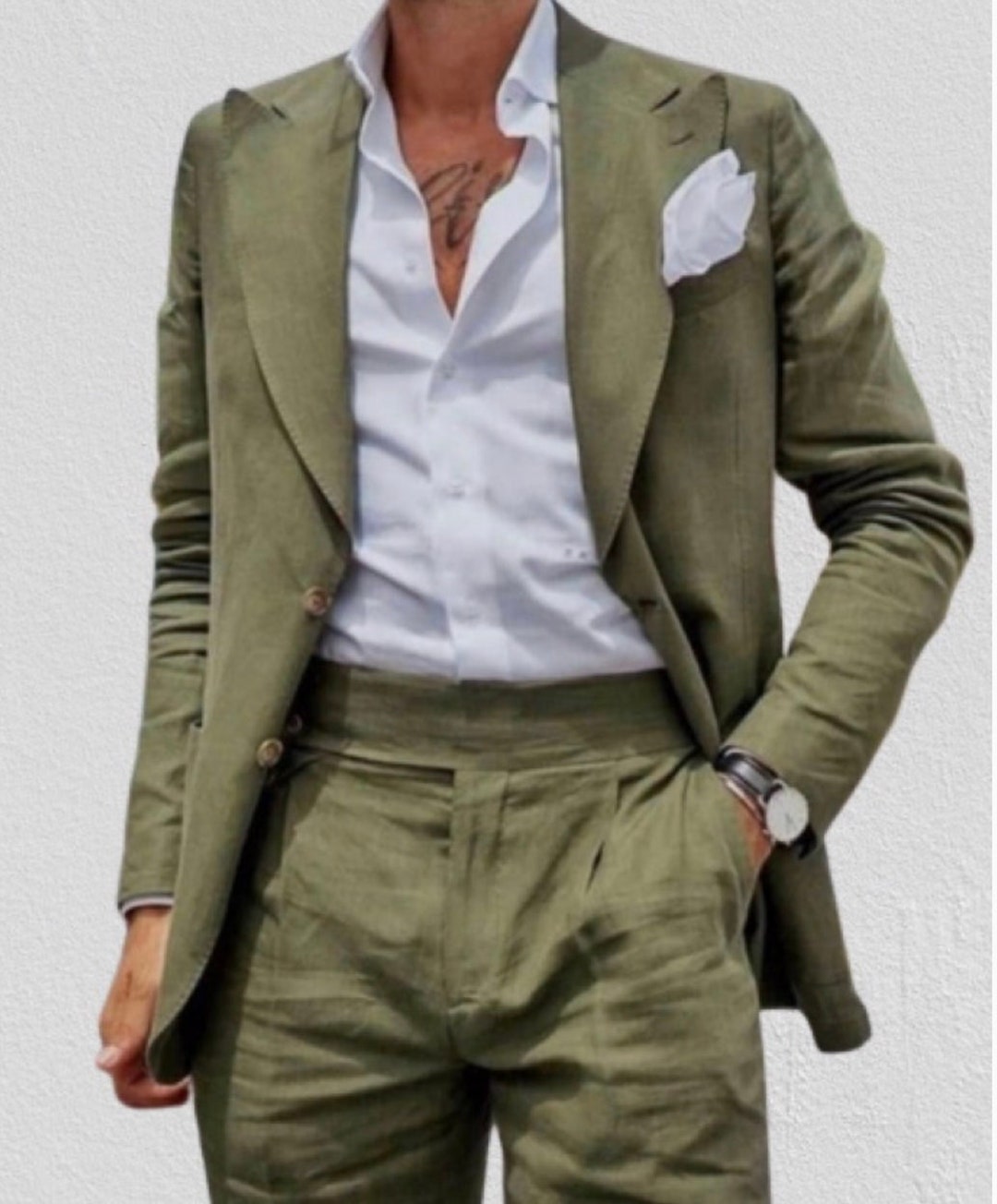 Olive Green Linen Suit Men Linen 2 Piece Suits Men Wedding Suit Green ...