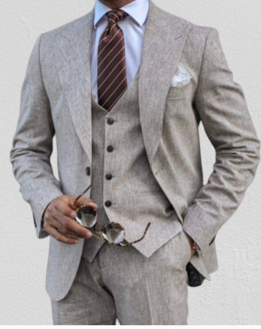 Men's Beige Linen Suits Grooms Wear Suits 3 Piece Suit Two - Etsy
