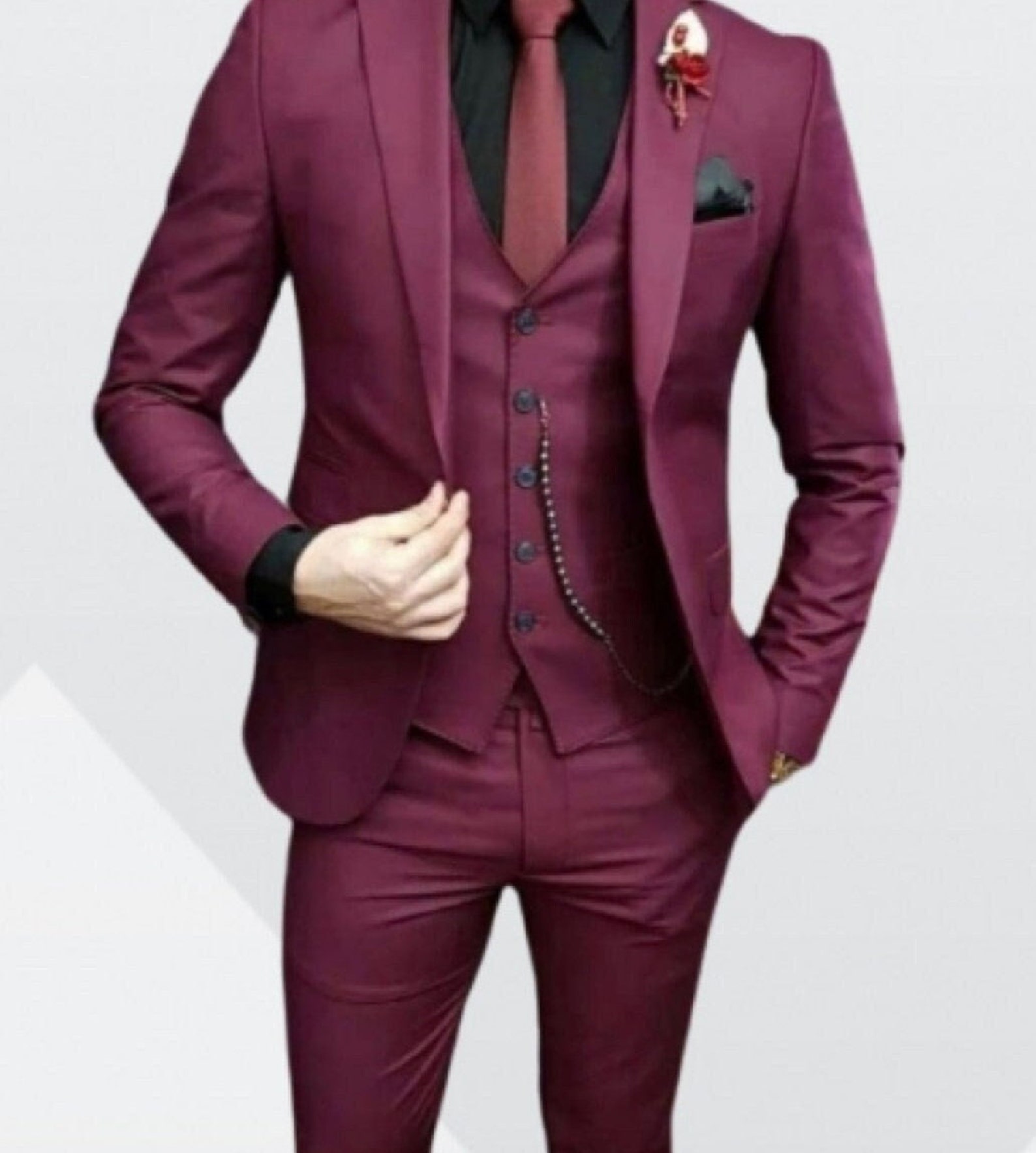 Men Burgundy Suits Wedding Grooms Wear Suit 3 Piece Suit 1 Button Suit ...