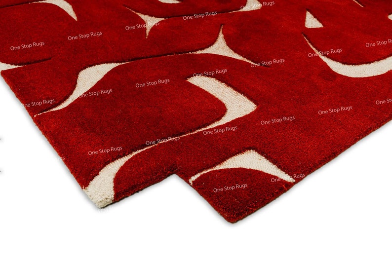 Red and Cream Cut Lupe Pile Hand Made Hand Tufted Wool Rug for Bedroom ...
