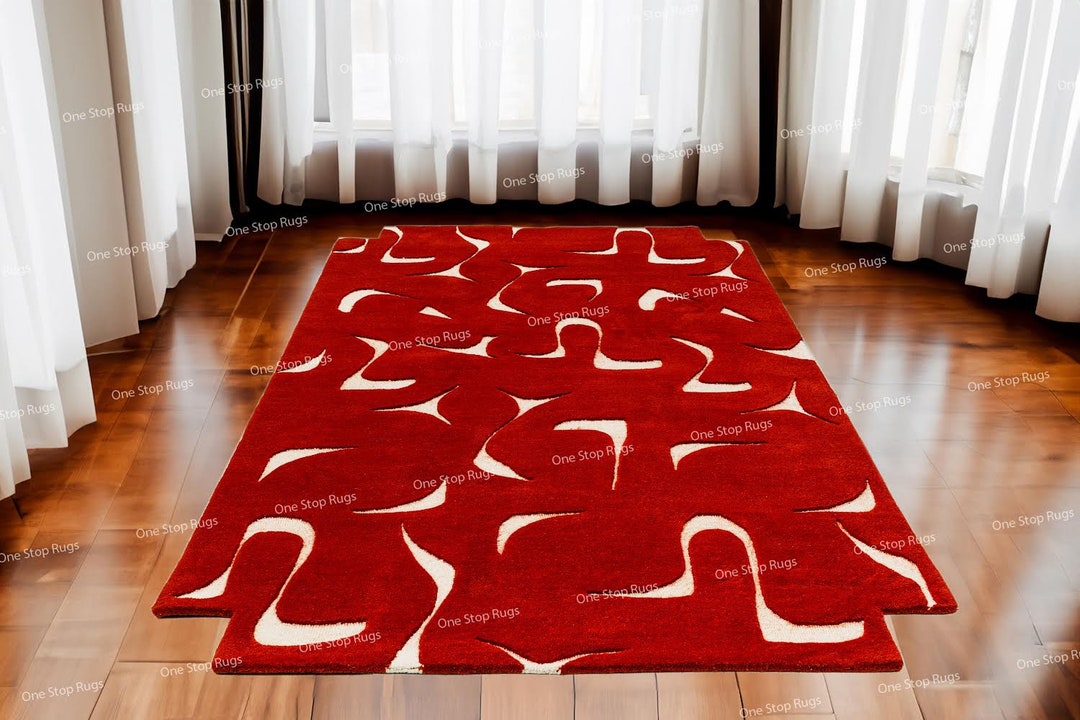 Red and Cream Cut Lupe Pile Hand Made Hand Tufted Wool Rug for Bedroom ...