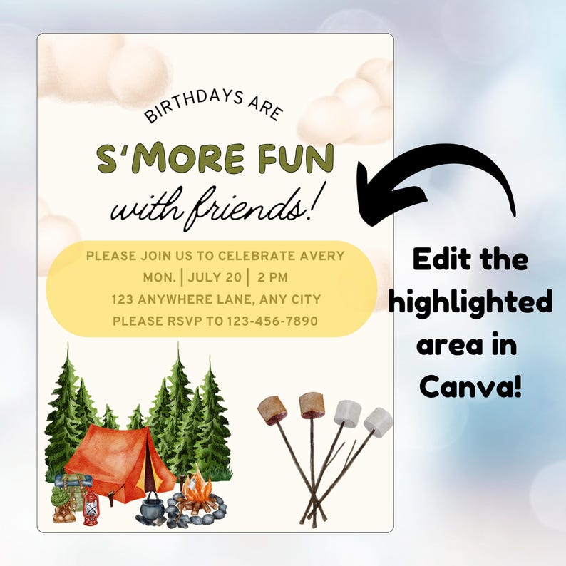 S'more Camping Birthday Invitation, Kids Birthday Invitation, Canva ...