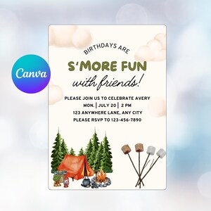 S'more Camping Birthday Invitation, Kids Birthday Invitation, Canva ...