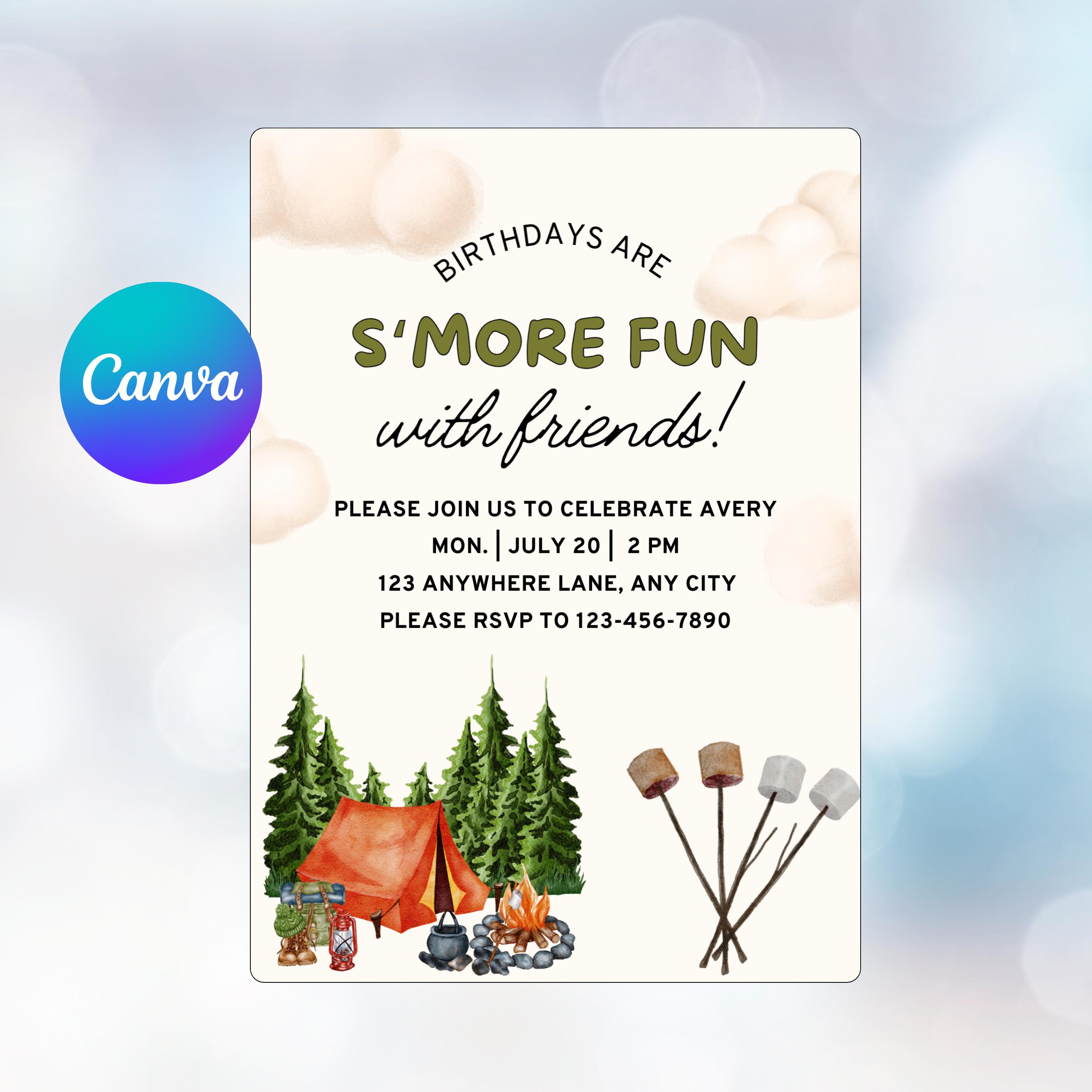 S'more Camping Birthday Invitation, Kids Birthday Invitation, Canva ...