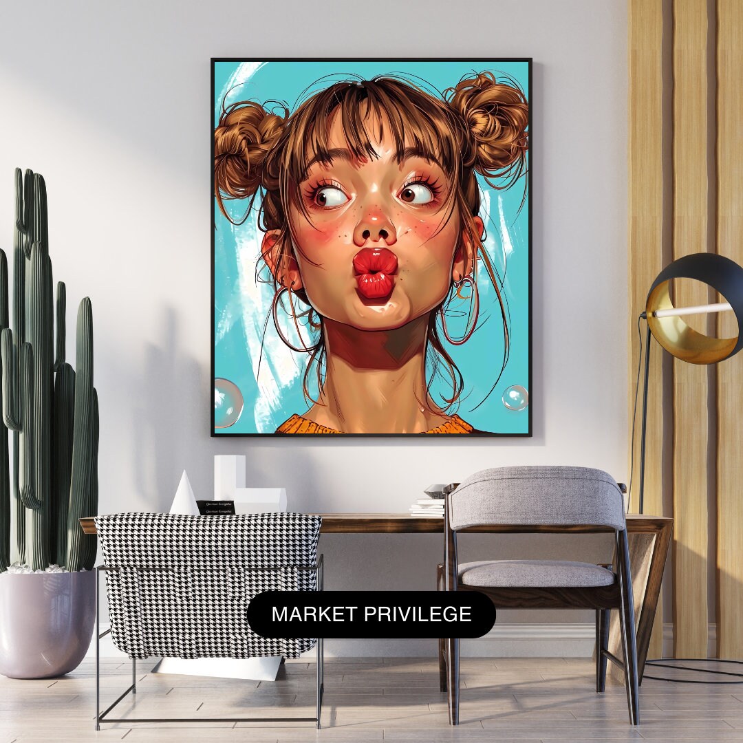 Playful Pout Square Digital Art Print, Vibrant Pop Illustration ...