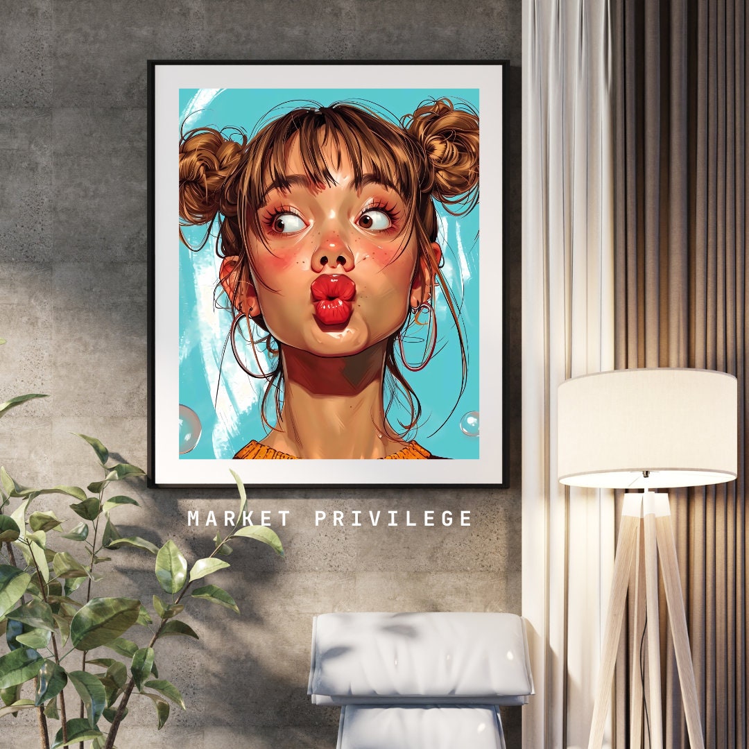 Playful Pout Square Digital Art Print, Vibrant Pop Illustration ...