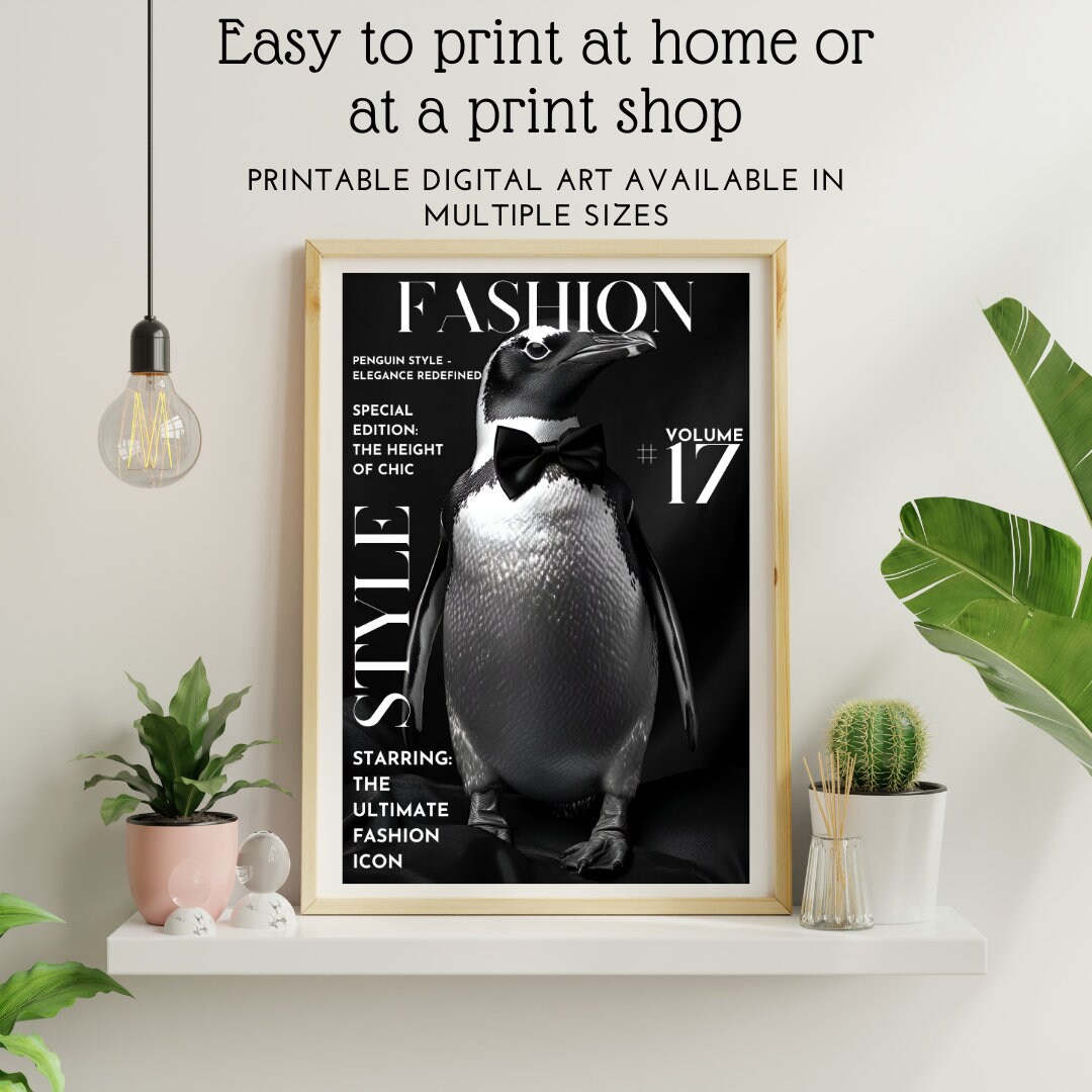 Penguin Fashion Poster | Printable Animal Art | Funny Black and White ...