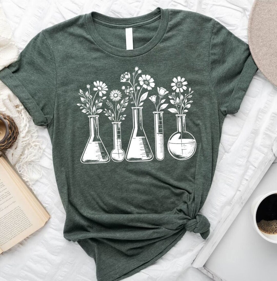 Sleek Beaker Botanical Tee | Modern Science Teacher Shirt | Chemist Lab ...