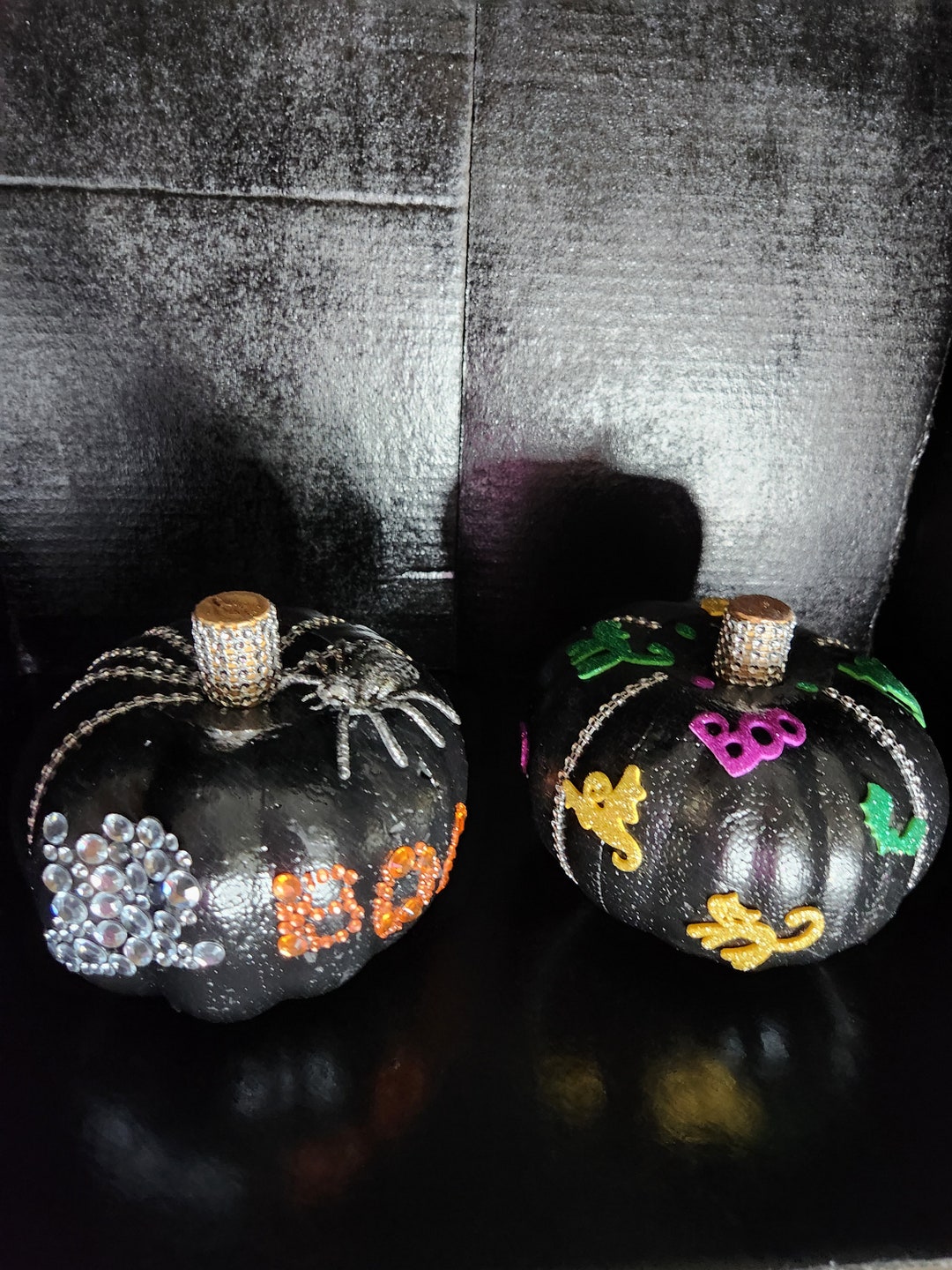 Blinged Halloween Pumpkins: Diamond Ribbon Stems, Glitter Spiders - Set ...