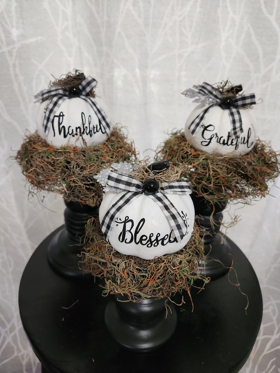 Set of 3 Pumpkins: Thankful, Grateful, Blessed on Candlestick Bases ...
