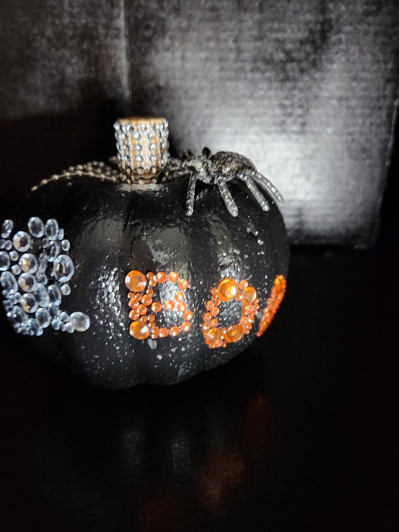 Blinged Halloween Pumpkins: Diamond Ribbon Stems, Glitter Spiders - Set ...
