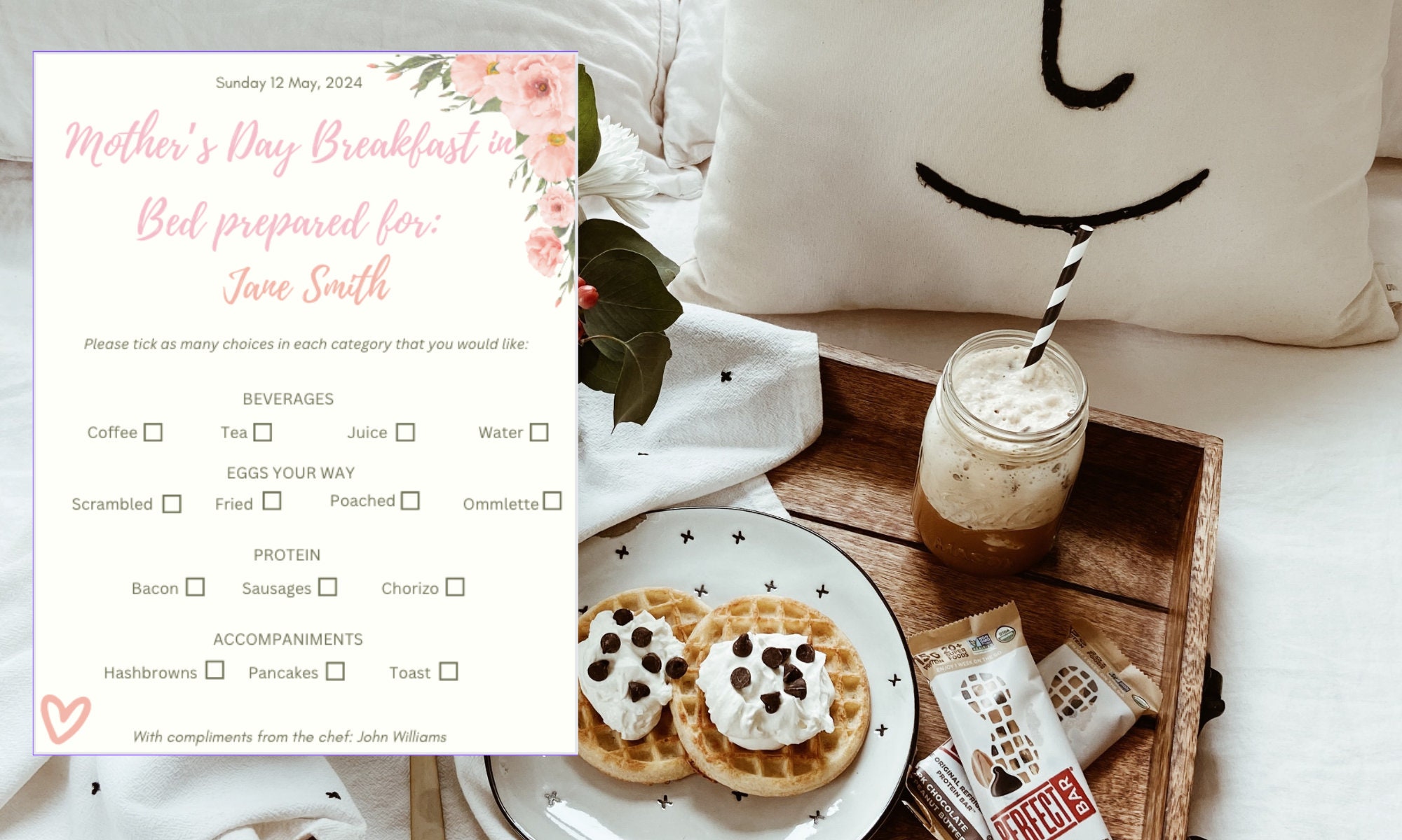 Editable Breakfast in Bed Menu Template | Perfect Mothers Day Gift ...