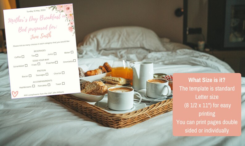Editable Breakfast in Bed Menu Template | Perfect Mothers Day Gift ...
