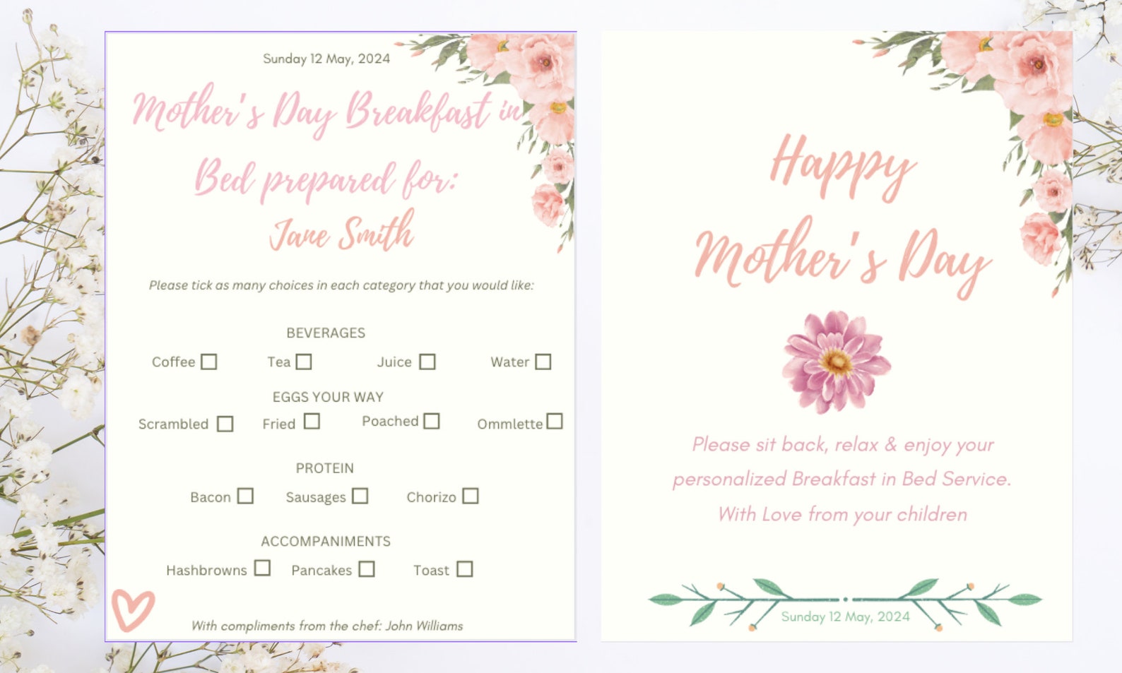 Editable Breakfast in Bed Menu Template | Perfect Mothers Day Gift ...