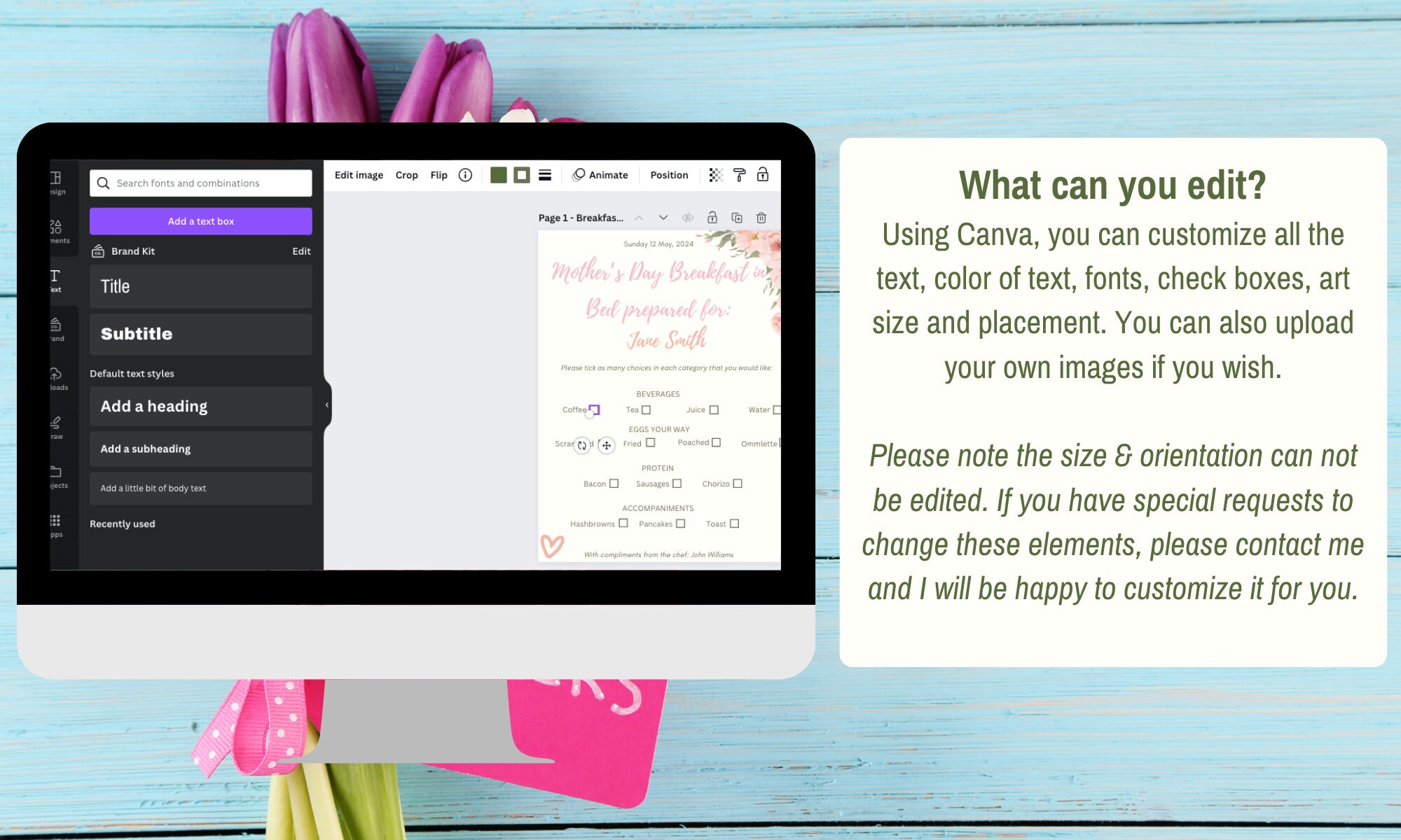 Editable Breakfast in Bed Menu Template Perfect Mothers Day Gift ...