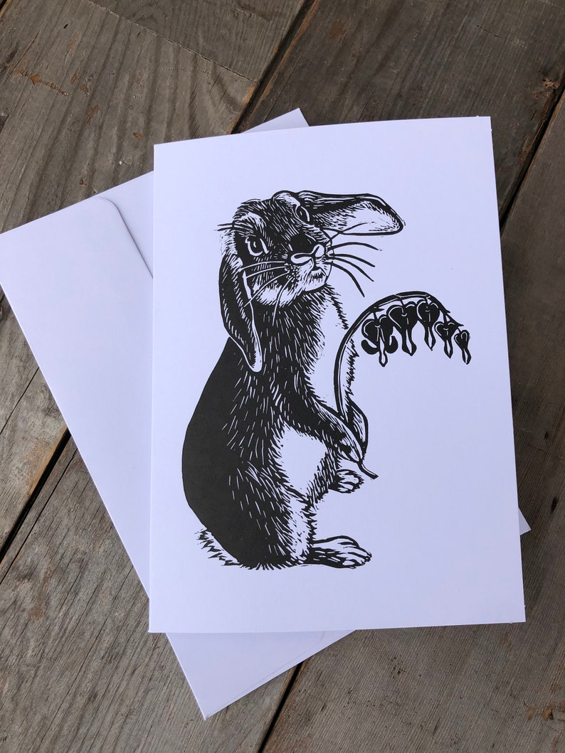 Rabbit W/ Bleeding Heart Flowers Original Linocut Note Card - Etsy