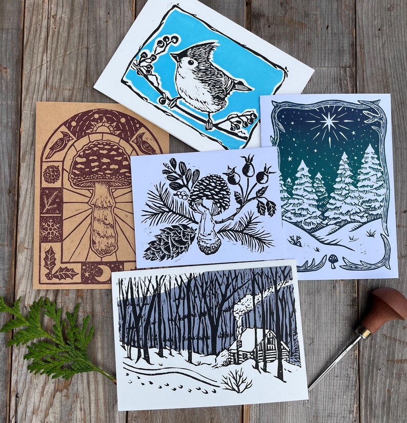 5 Pack Holiday Cards- Original Linocut Note Cards- Solstice Cards- Yule ...
