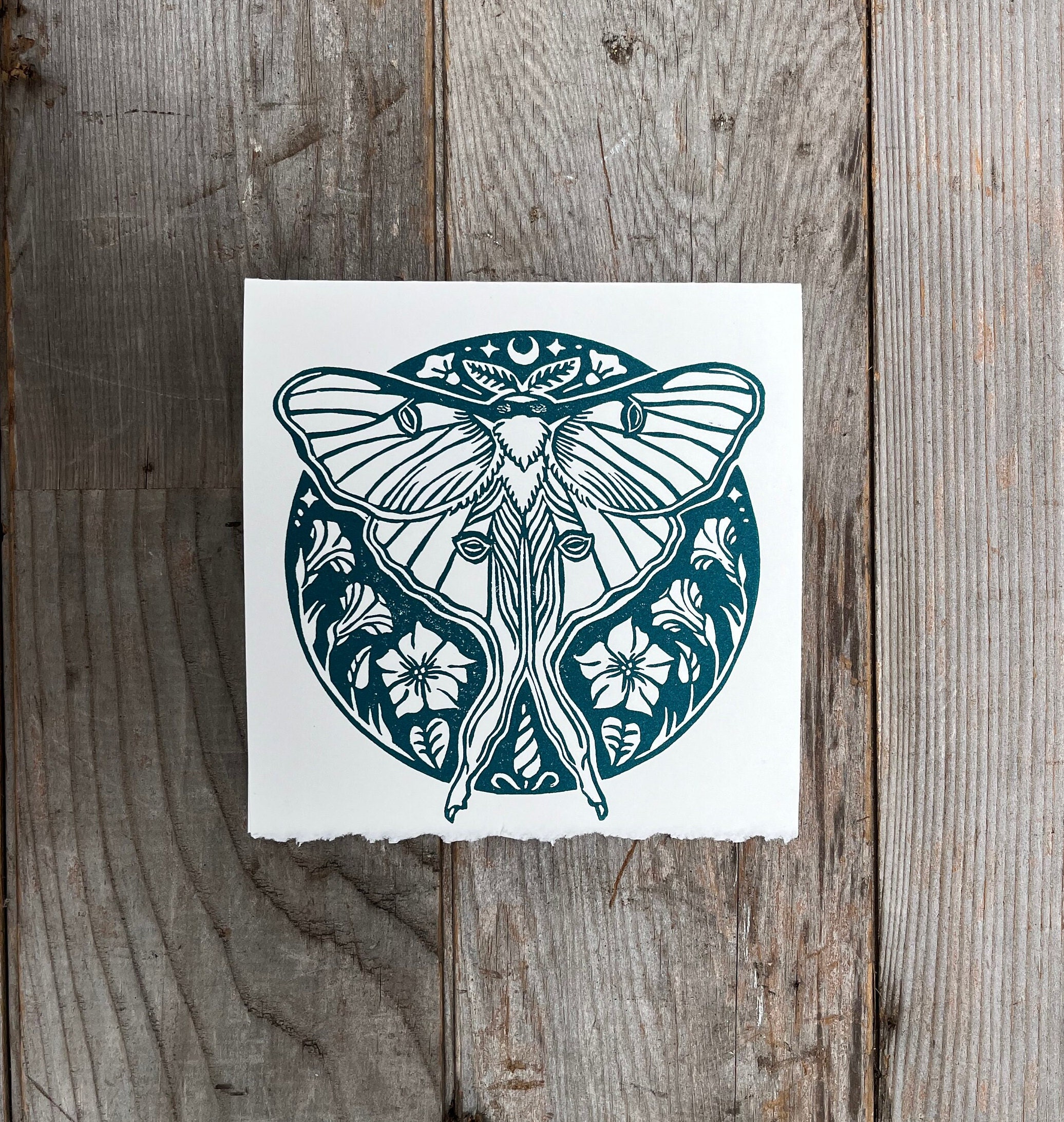 Luna Moth Linocut Note Card- Handmade Card- 5.5" X 5.5" Square- Deckled ...