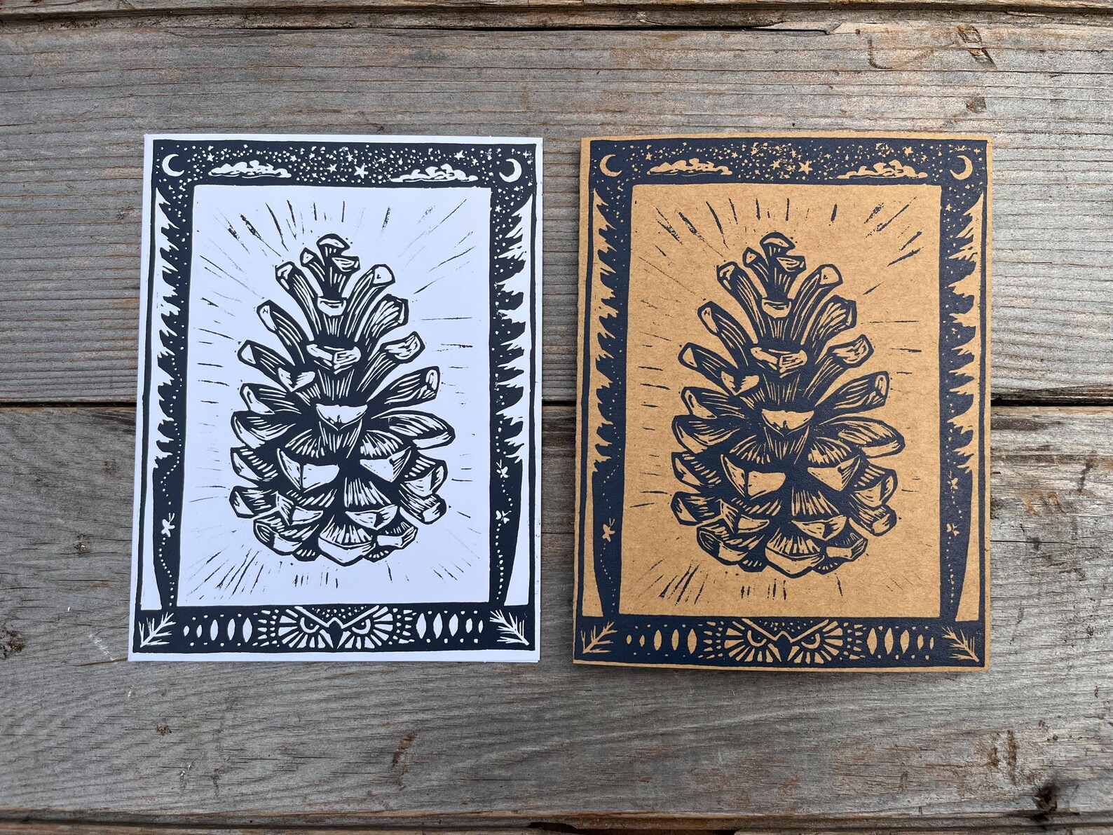 Original Linocut Print Solstice Card- Pinecone With Forest Night Border ...