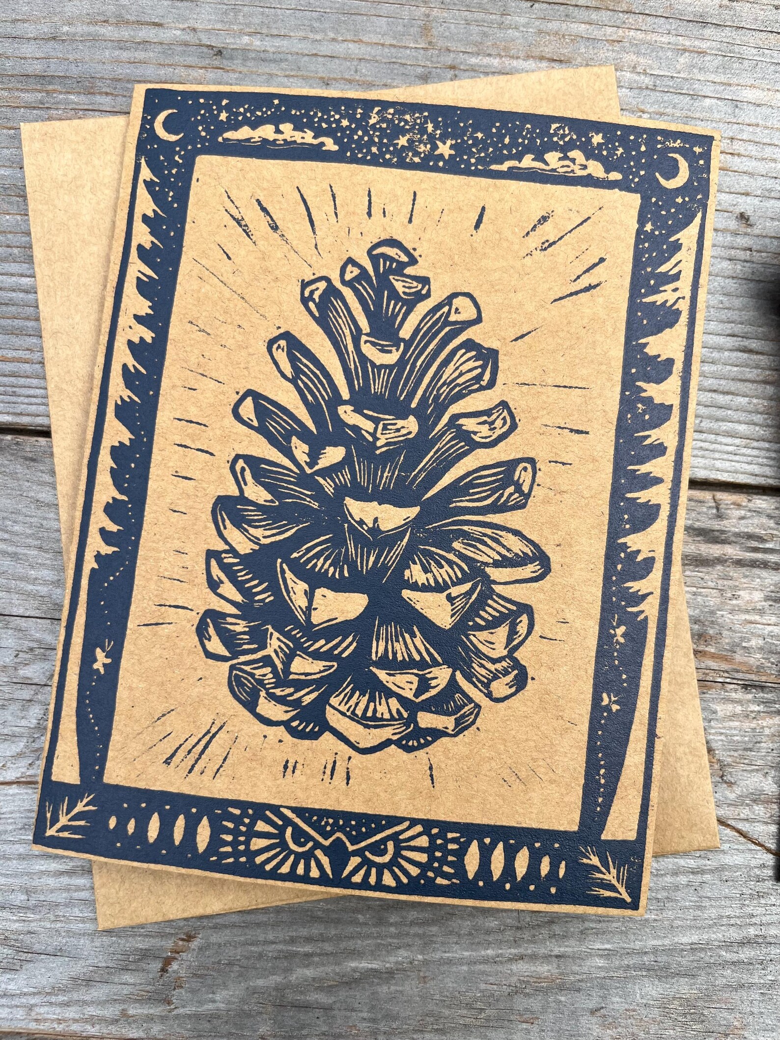 Original Linocut Print Solstice Card- Pinecone With Forest Night Border ...