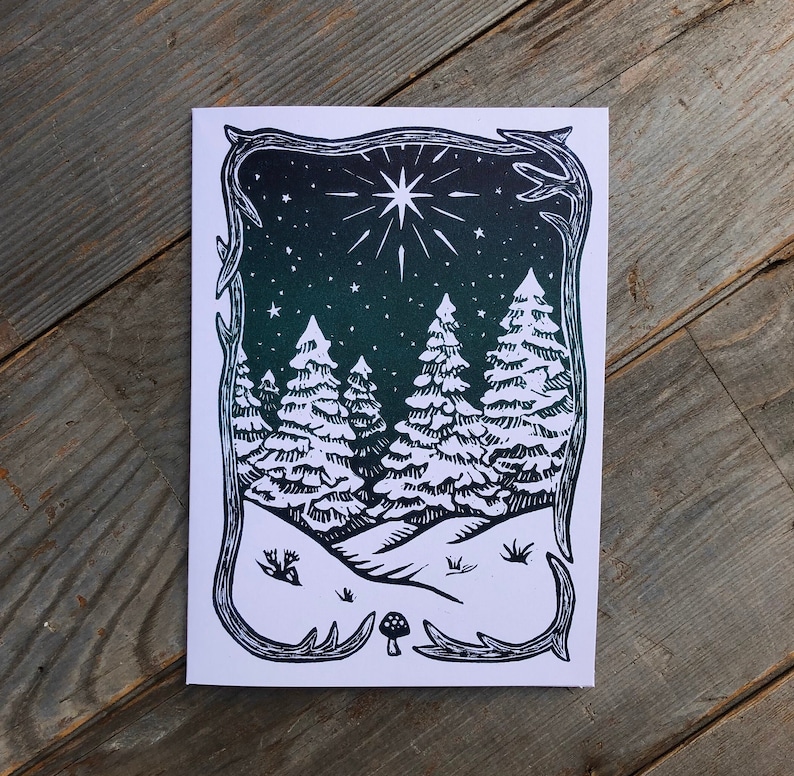 Linocut Print Holiday Card Winter Night With Conifers Christmas Card ...