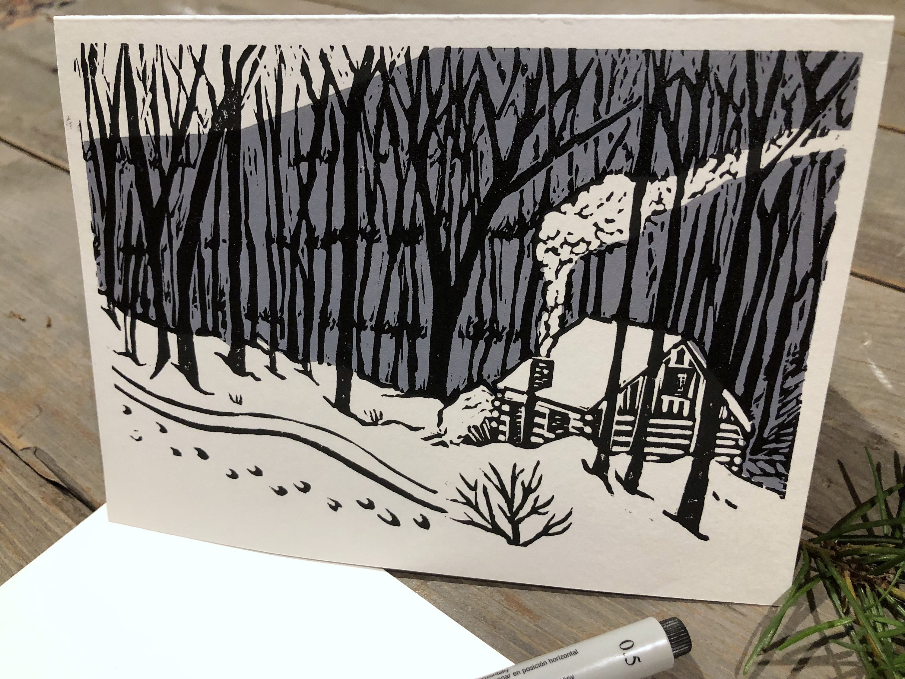 Christmas Card Original Linocut Print Holiday Card Cabin in - Etsy