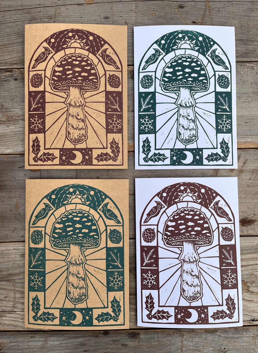 Original Linocut Print Solstice Card- Amanita Mushroom- Red/ Green Ink ...