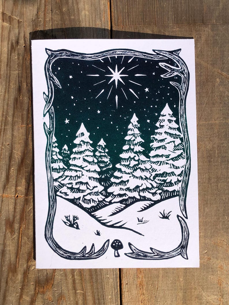 5 Pack Holiday Cards- Original Linocut Note Cards- Solstice Cards- Yule ...