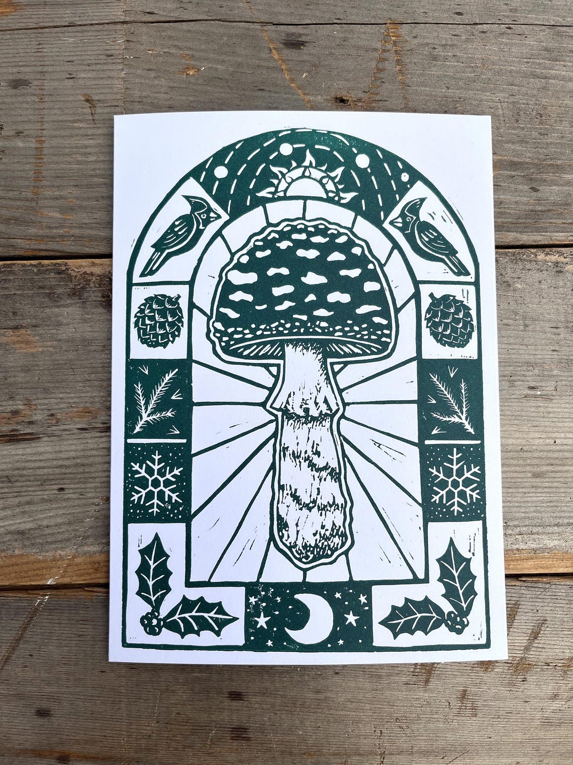 Original Linocut Print Solstice Card- Amanita Mushroom- Red/ Green Ink ...