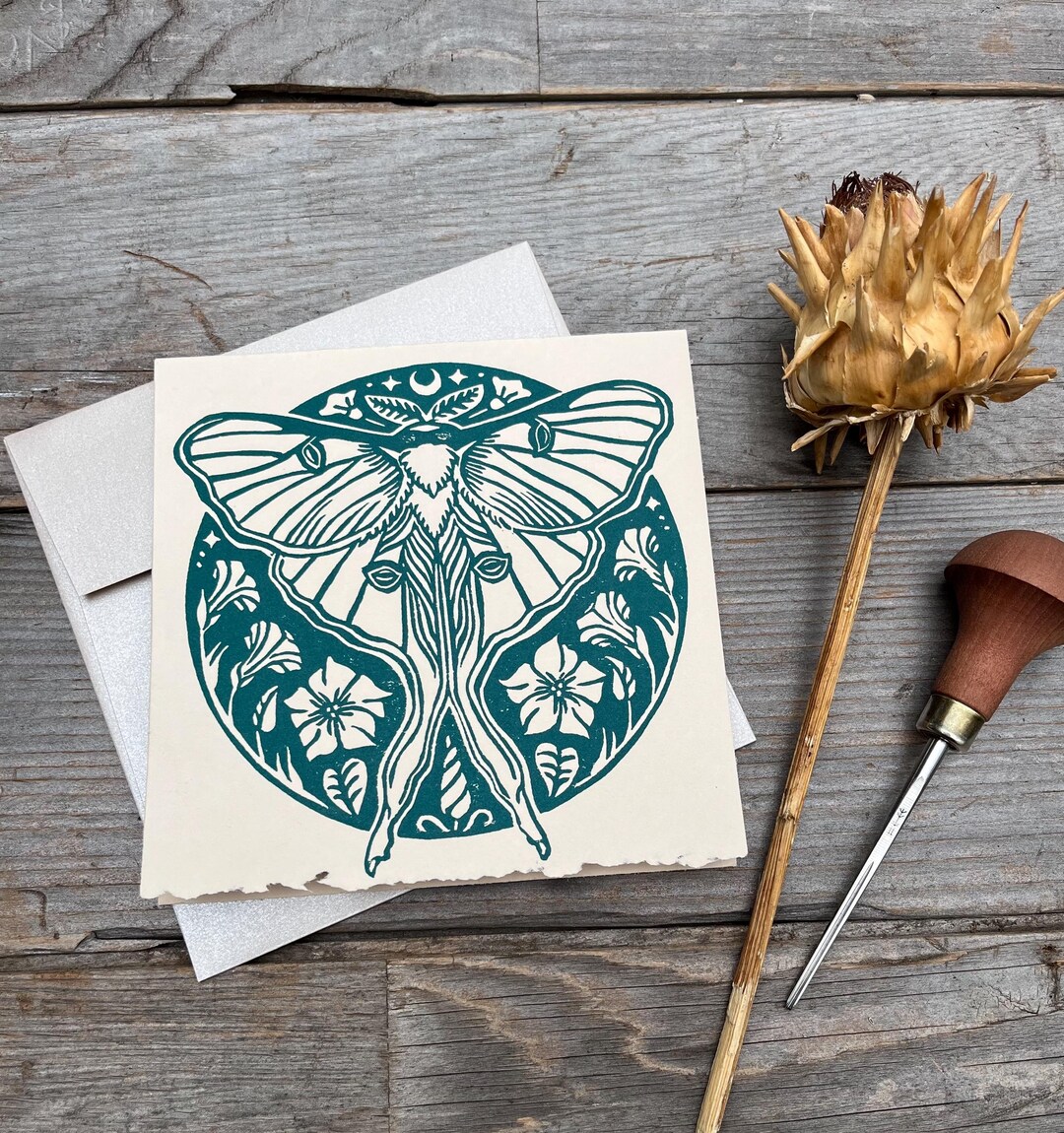 Linocut Print Note Card- Emerald Green Luna Moth on Natural Card Stock ...