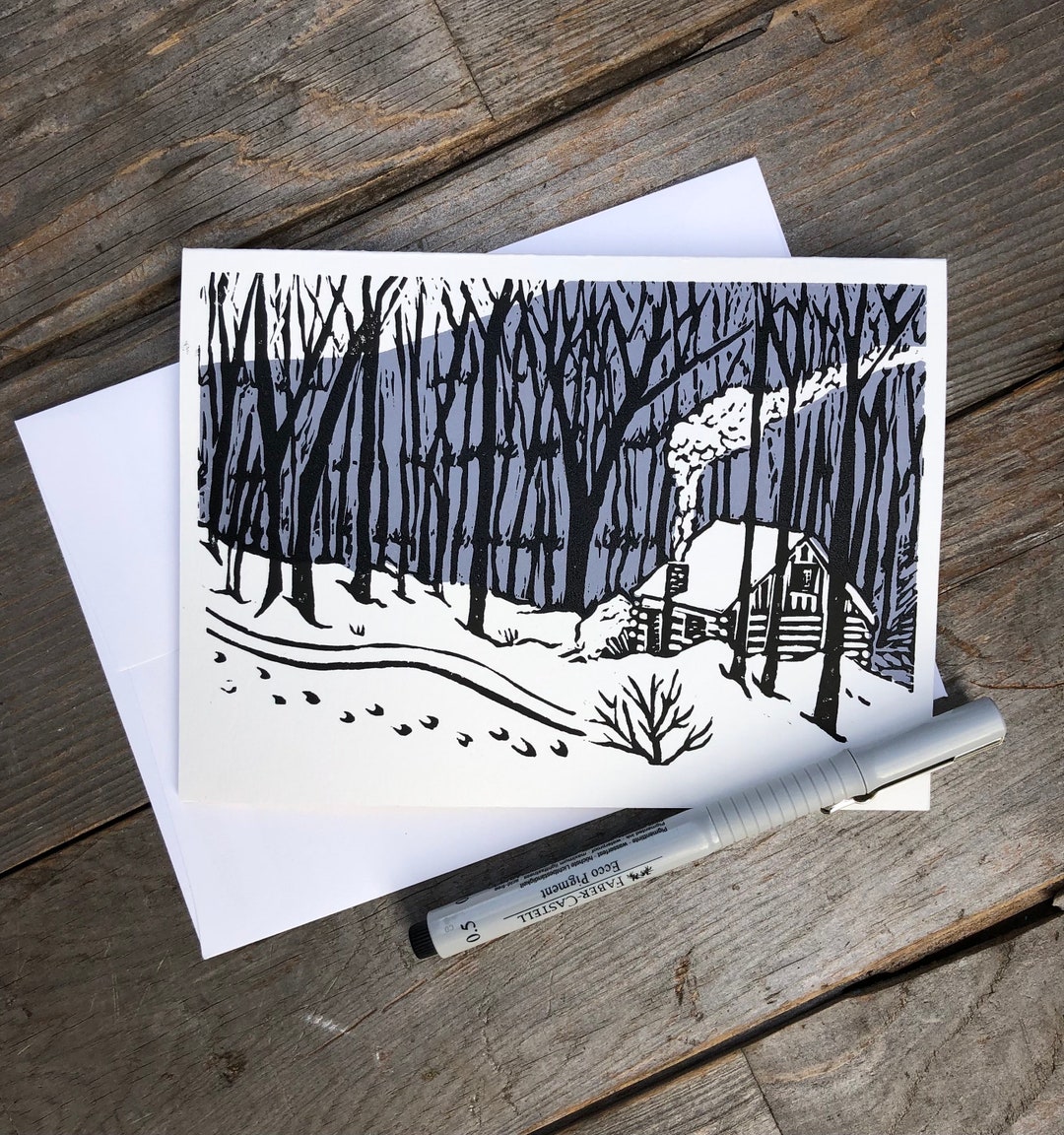 Christmas Card Original Linocut Print Holiday Card Cabin in - Etsy